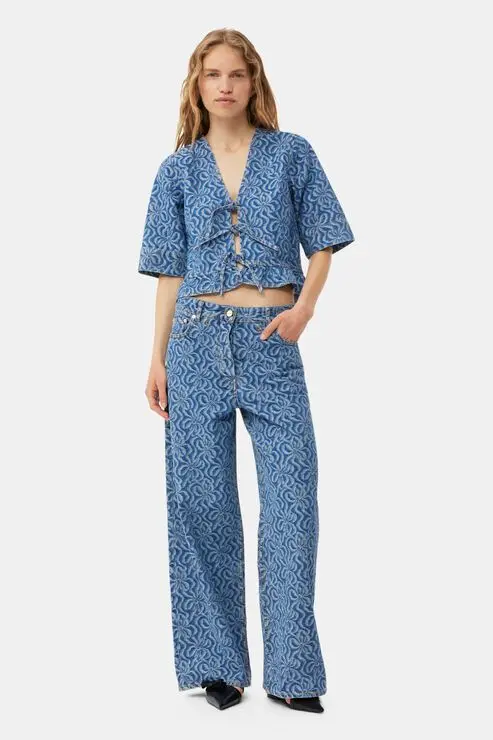 Ganni Blue Jacquard Denim Wide Trousers In Mid Blue Stone - 60